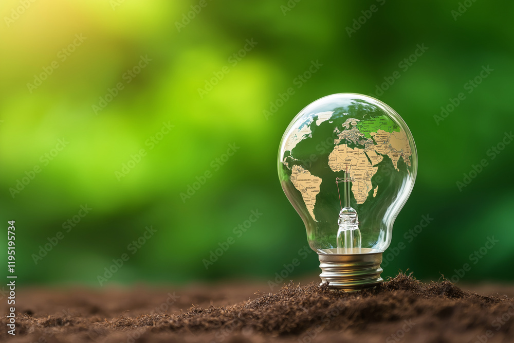 world map inside glass light bulb symbolizes sustainability and environmental awareness, resting ...