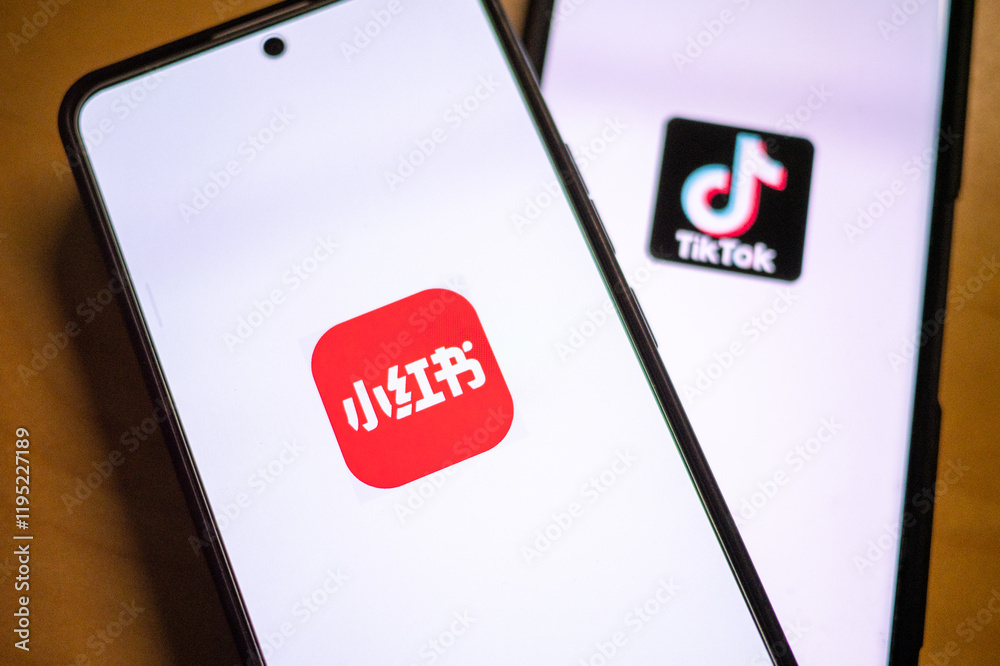 Qingdao,China-Jan.14.2025:REDnote and TikTok apps on smartphone screen ...