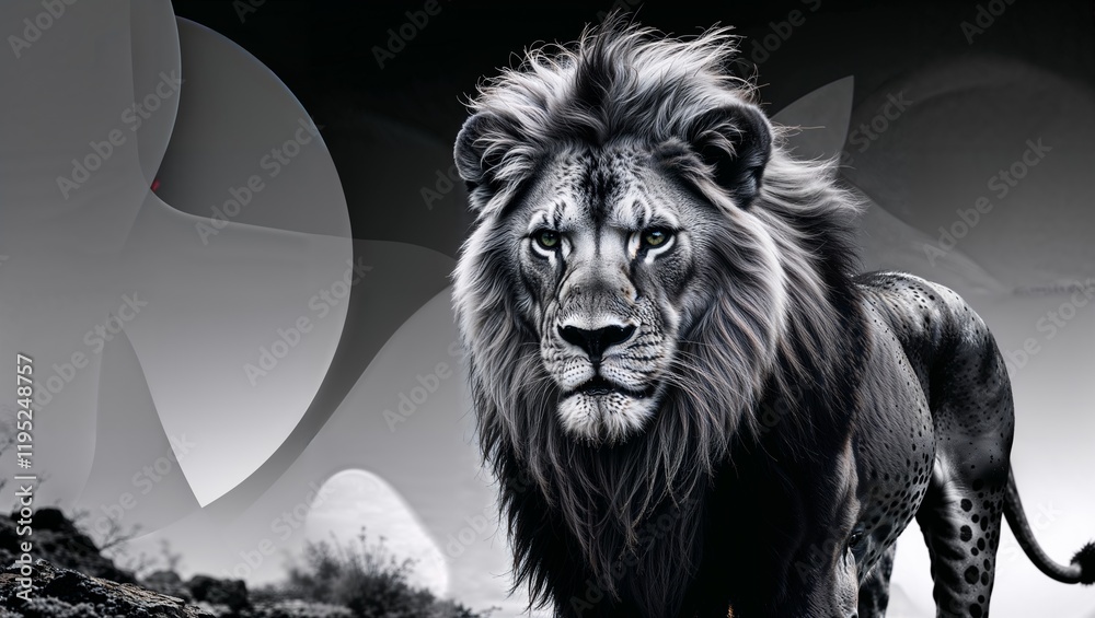 A dramatic black and white image of a lion with a sharp, determined ...