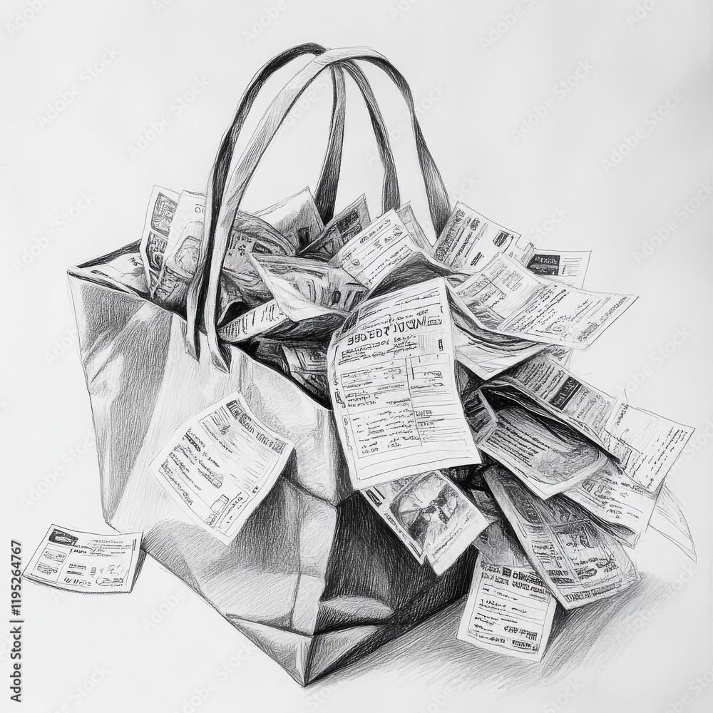 Shopping bag overflowing with receipts illustrates consumer habits and ...