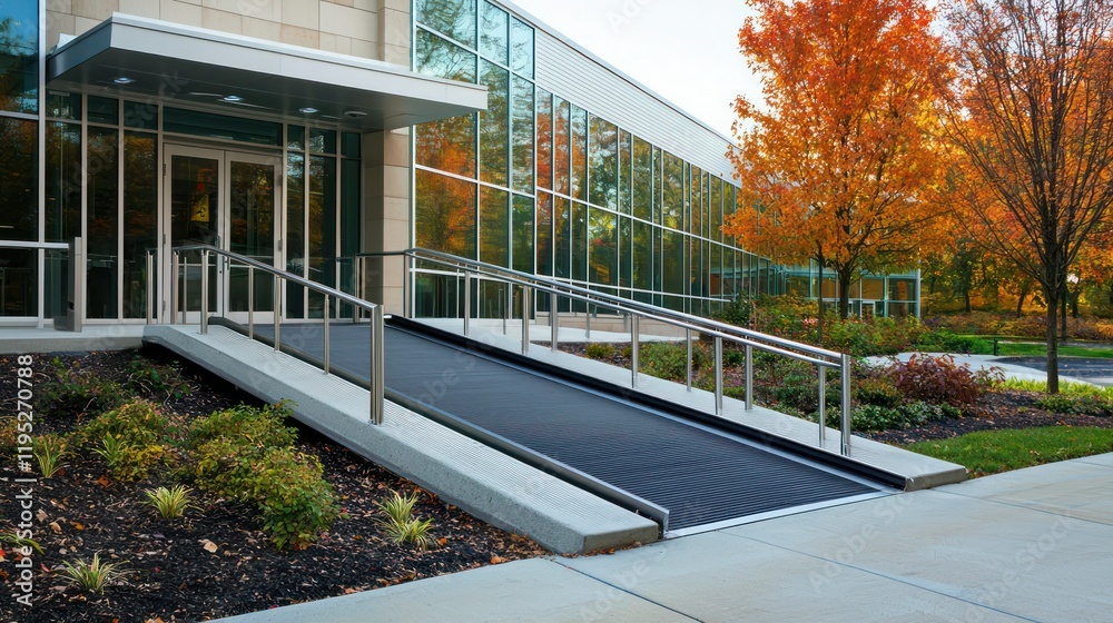 A wheelchair ramp leading up to a modern building entrance, showing ...