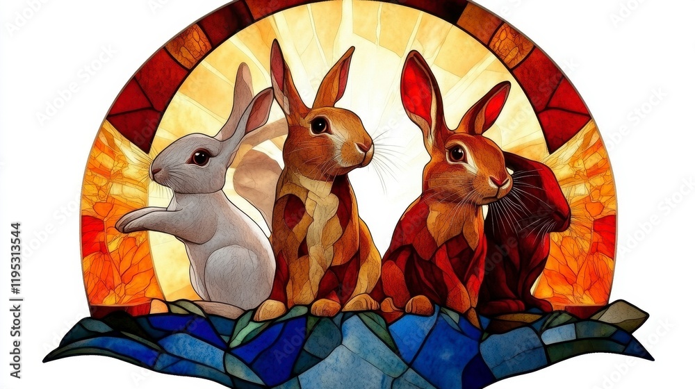 Charming Rabbits in Stained Glass Style, intricate watercolor clipart ...