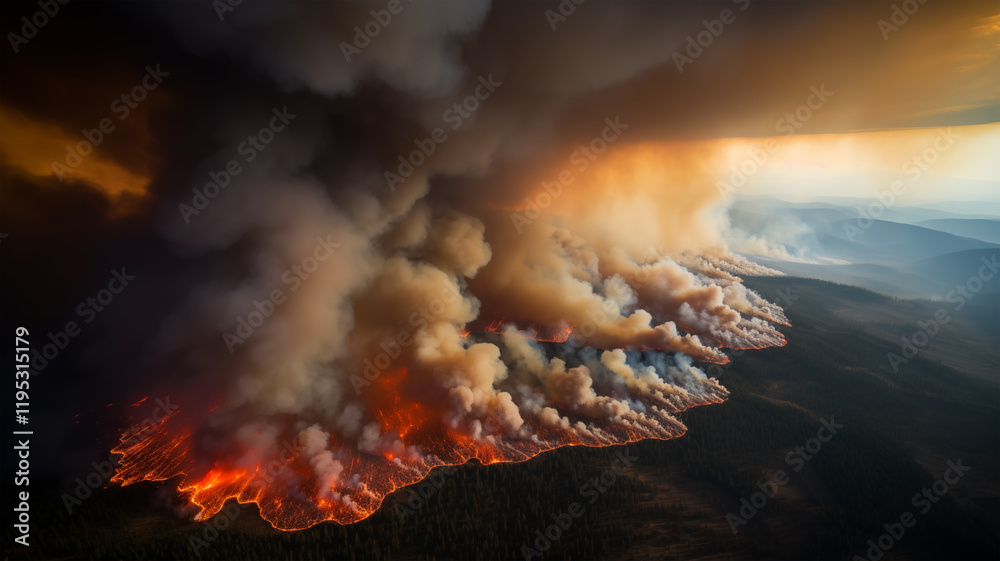 Aerial view of intense forest fire burning along mountain ridge with massive smoke plumes ...