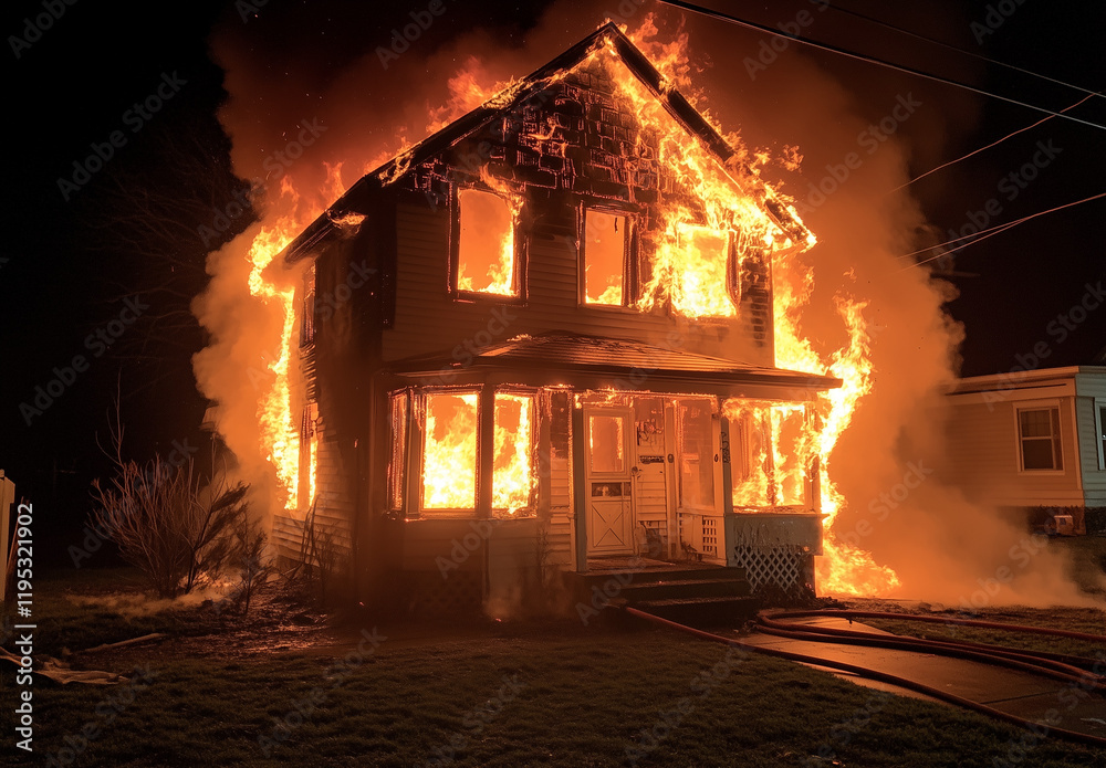 A house is on fire at night. The house is a two-story structure with a ...