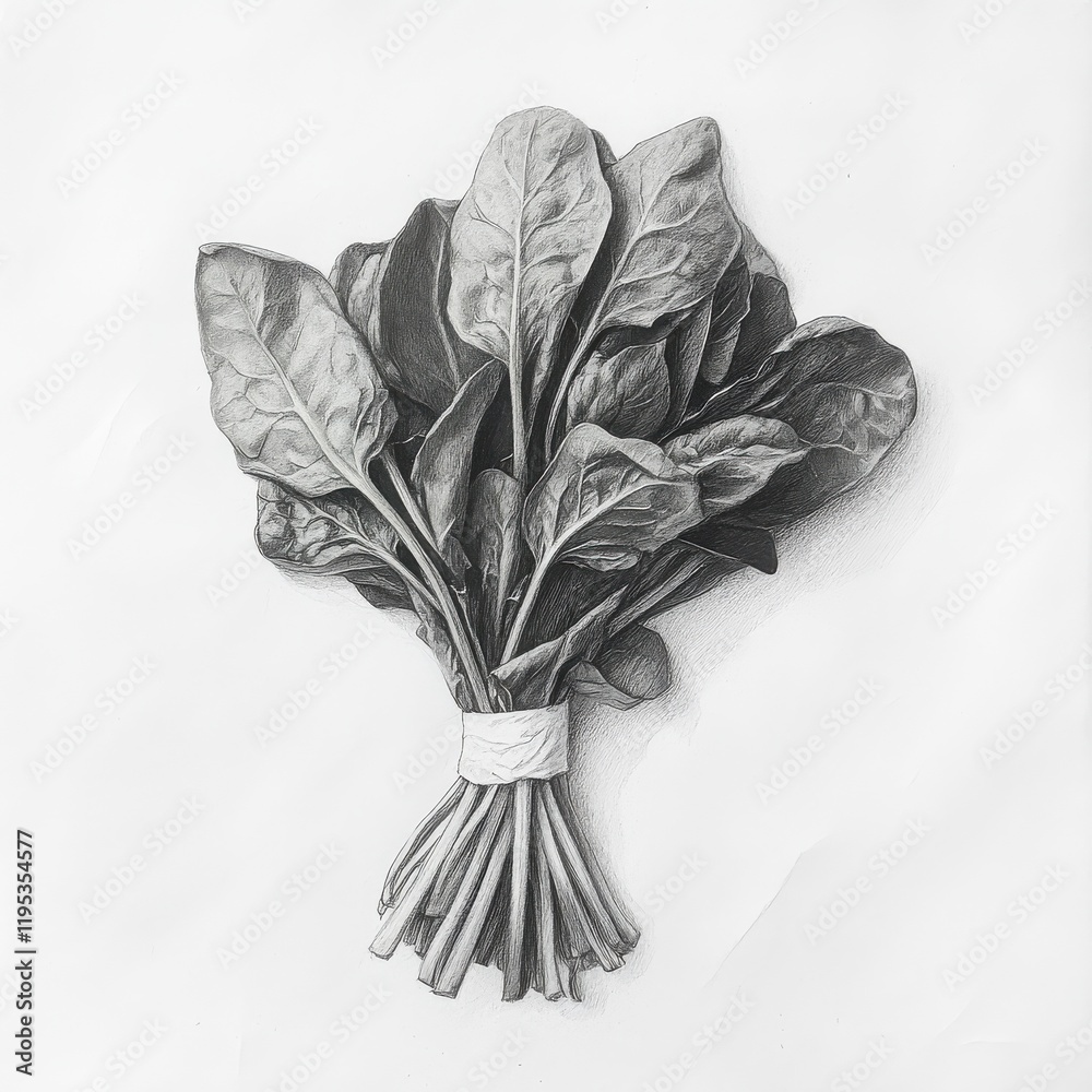 Sketch of a bundle of spinach leaves showcasing detailed pencil work and natural textures of the ...