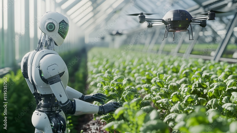 An AI-powered agricultural robot tending to crops in a sprawling ...