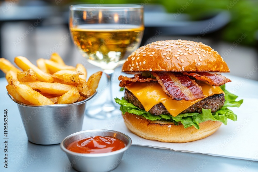 Disfrute de una hamburguesa clásica con bacon y queso, acompañada de ...