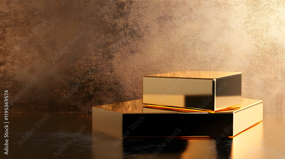 Stacked golden rectangular blocks in a moody studio setting with ...