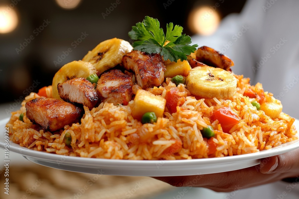 Disfrutar del arroz jollof con plátanos fritos y pollo en un plato ...