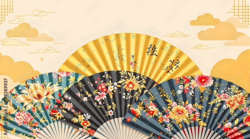 Traditional Japanese Style Wallpaper Design Featuring Clouds, Swirling ...