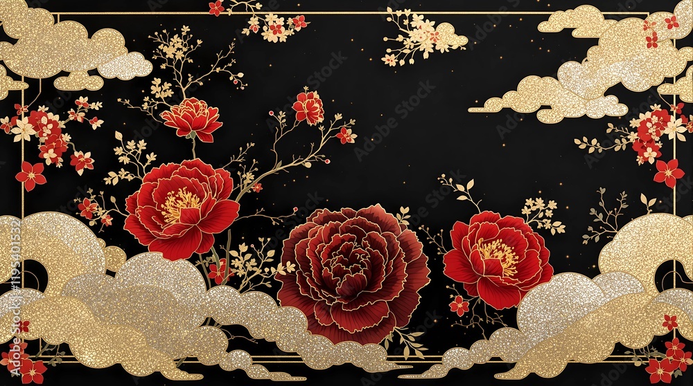 Traditional Japanese Style Wallpaper Mural with Peonies, Clouds, Stars ...