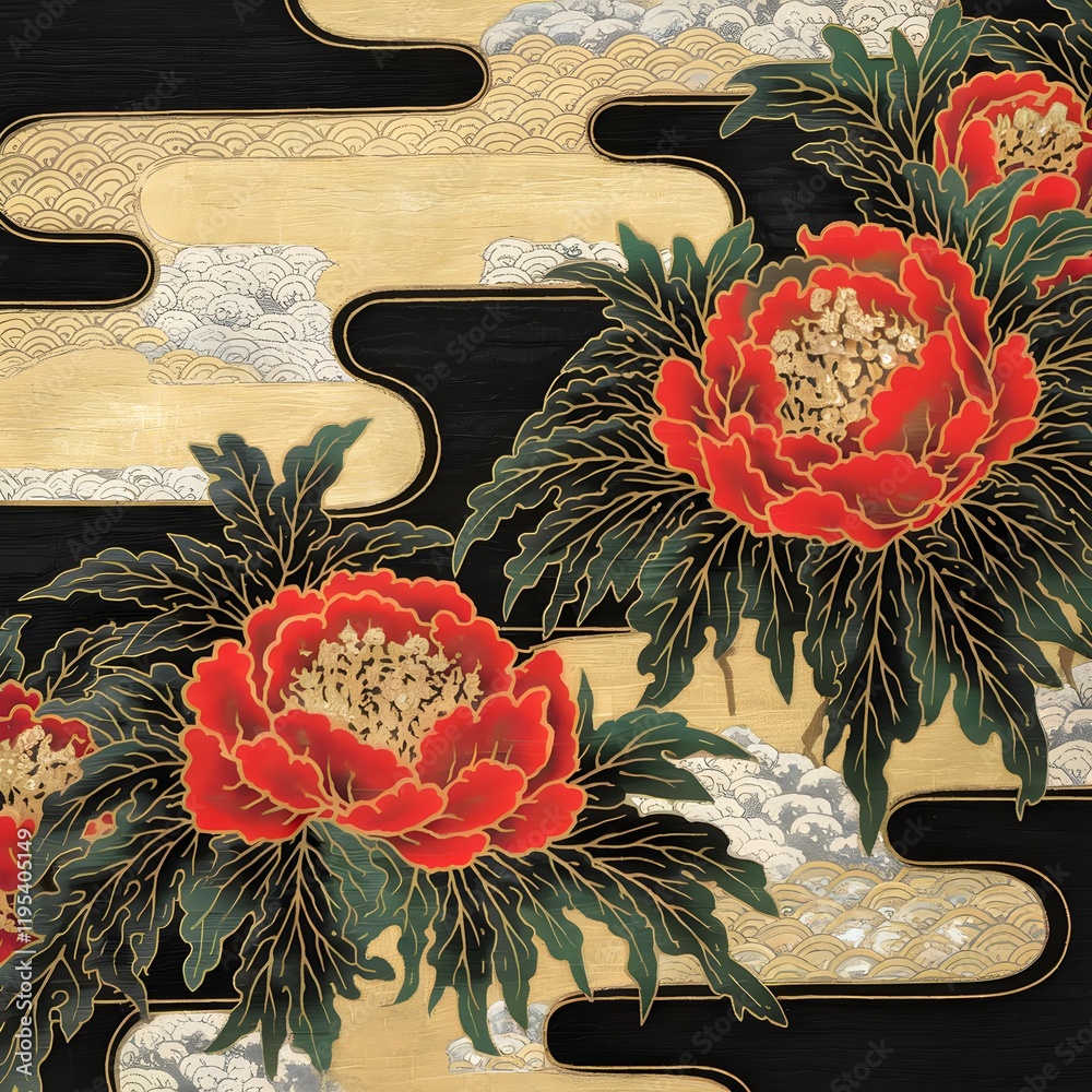 Traditional Japanese Style Wallpaper Mural with Peonies, Clouds, Stars ...