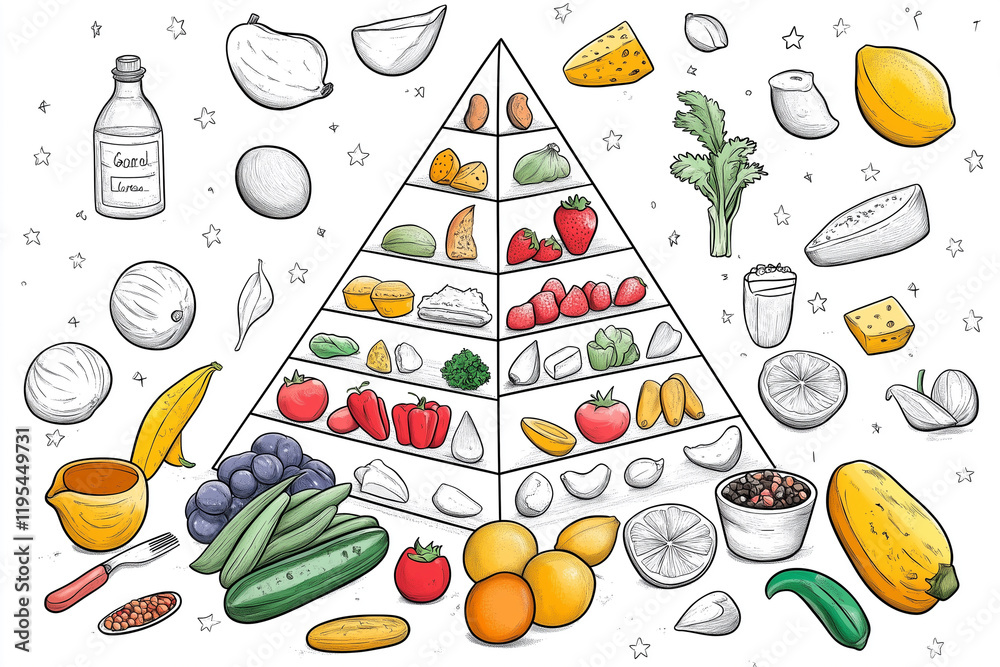 Food pyramid chart featuring various healthy food for national ...
