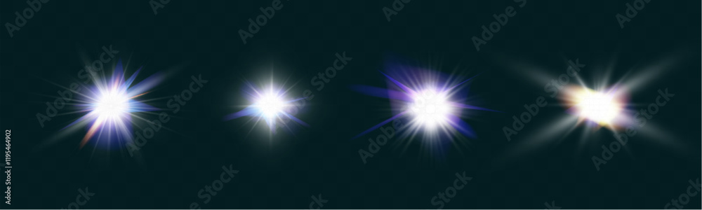 Set of glowing light effects with lens flares, starbursts, and radiant ...
