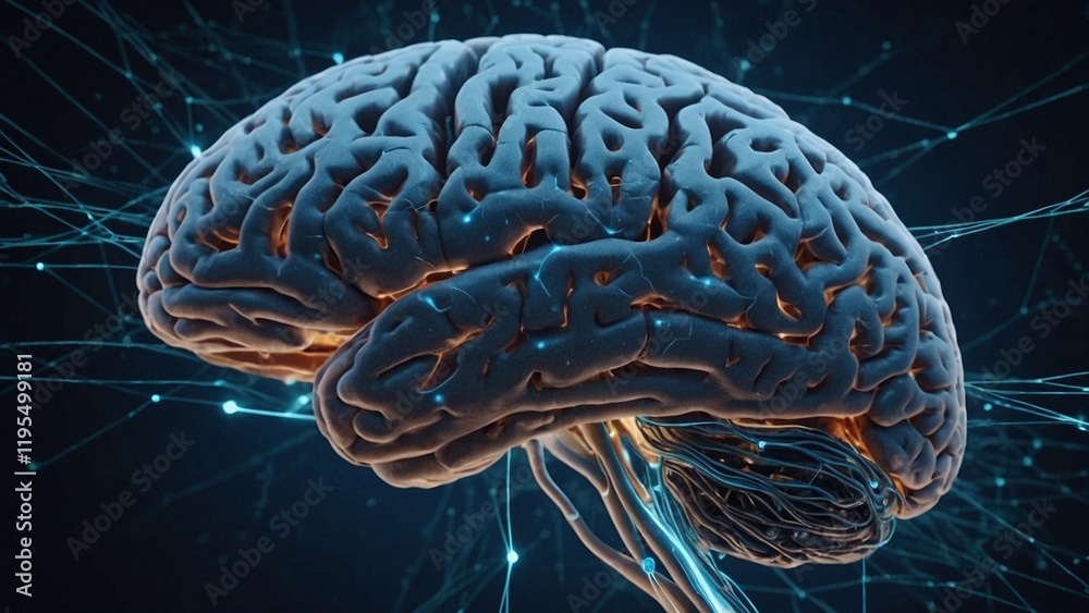 Vibrant digital illustration of a human brain. Scientific anatomical ...