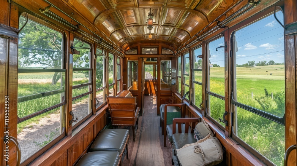 Interior of a vintage train car with wooden benches and large windows ...