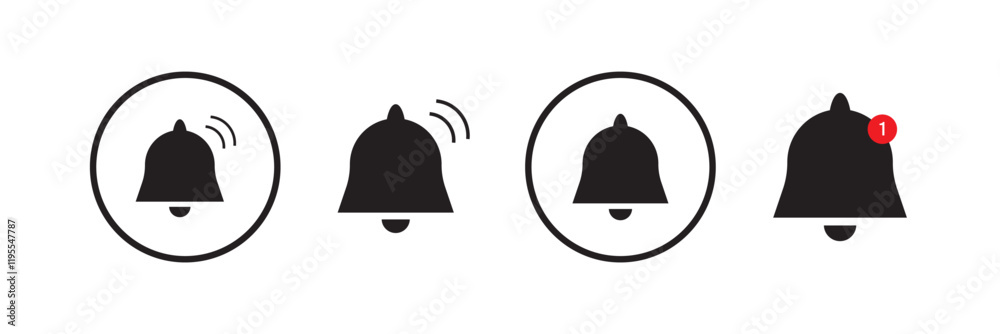 Notification bell icons for incoming inbox message. Vector ringing bell and notification number ...