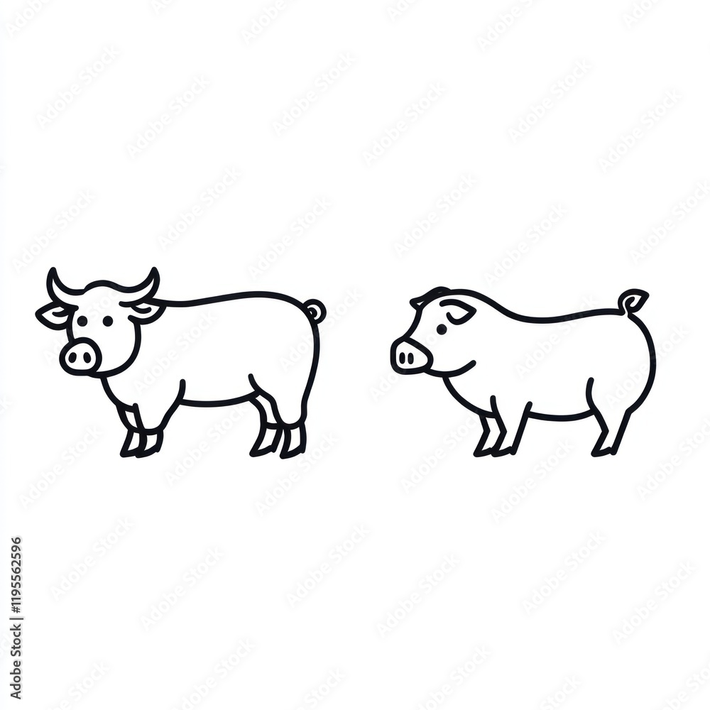 Simple livestock icons; bull, pig; white background; farm infographic ...