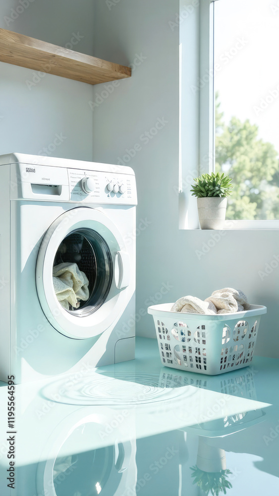 Stock-Foto „Leaky washing machine flooded the floor with water. Broken ...