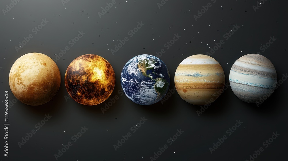 Five planets aligned in space: venus, mercury, earth, jupiter, neptune Stock Illustration ...