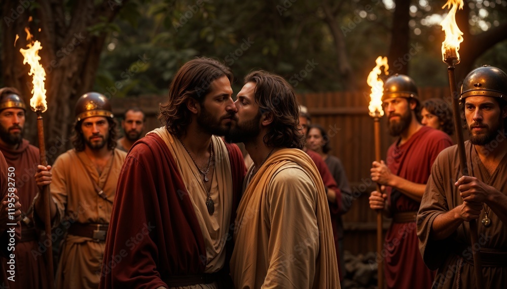 Judas Iscariot betraying Jesus with a kiss, depicting the biblical scene of the betrayal during ...