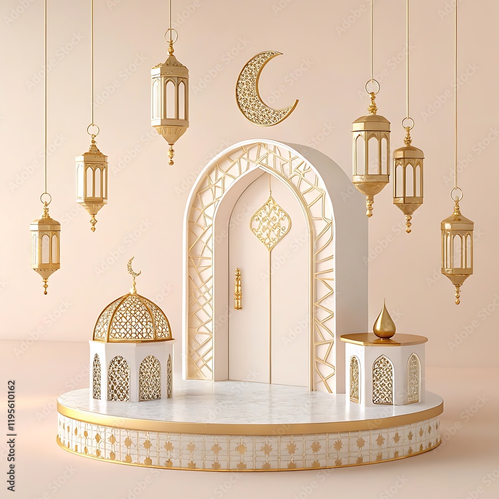 Islamic architecture, ornate arched doorway, golden crescent moon ...
