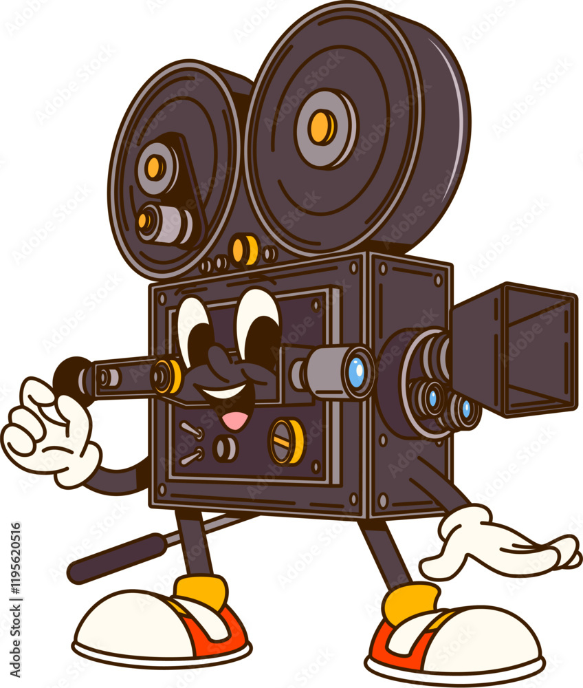 Vector de Stock Cinema movie cartoon groovy retro camera character ...