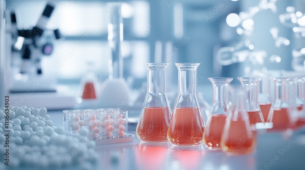 Red liquid in laboratory beakers on a lab counter with molecular model ...