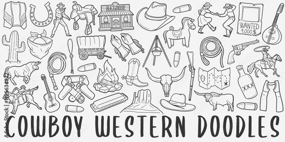 Cowboy Doodle Icons. Hand Made Line Art. Western Clipart Logotype ...