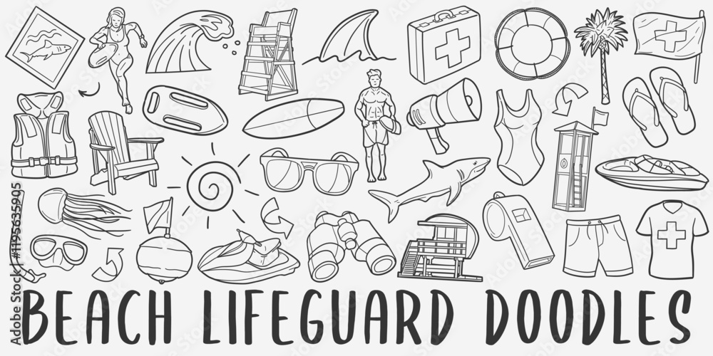 Lifeguard Doodle Icons Black and White Line Art. Bay Clipart Hand Drawn ...