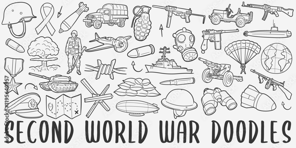 Second World War Doodle Icons. Hand Made Line Art. WW2 Clipart Logotype ...