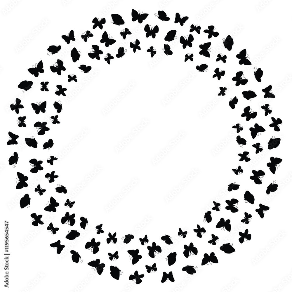 Cute butterflies silhouette round frame. Flying summer insects round ...