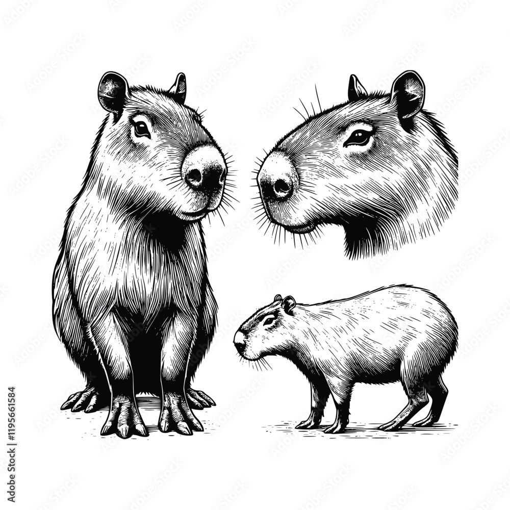 set of capybara illustration. hand drawn capybara black and white ...