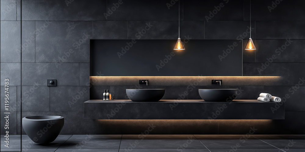 Modern black bathroom with sleek stone textures, double sinks on a ...