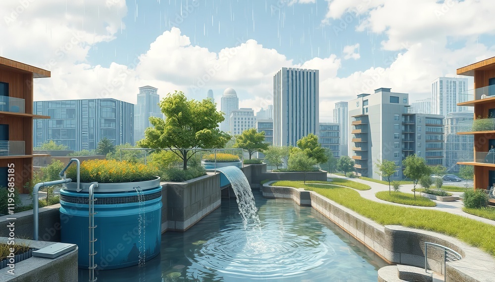 Modern City Rooftop Garden Sustainable Urban Design Rainwater ...