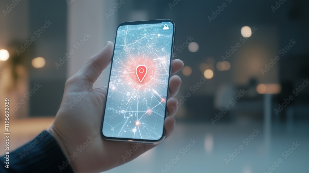 Hand holding smartphone displaying interactive map with location pin ...