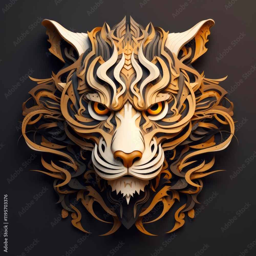 Tribal Tiger Mask. Wood-Gold Generative AI Art Illustration of Majestic ...