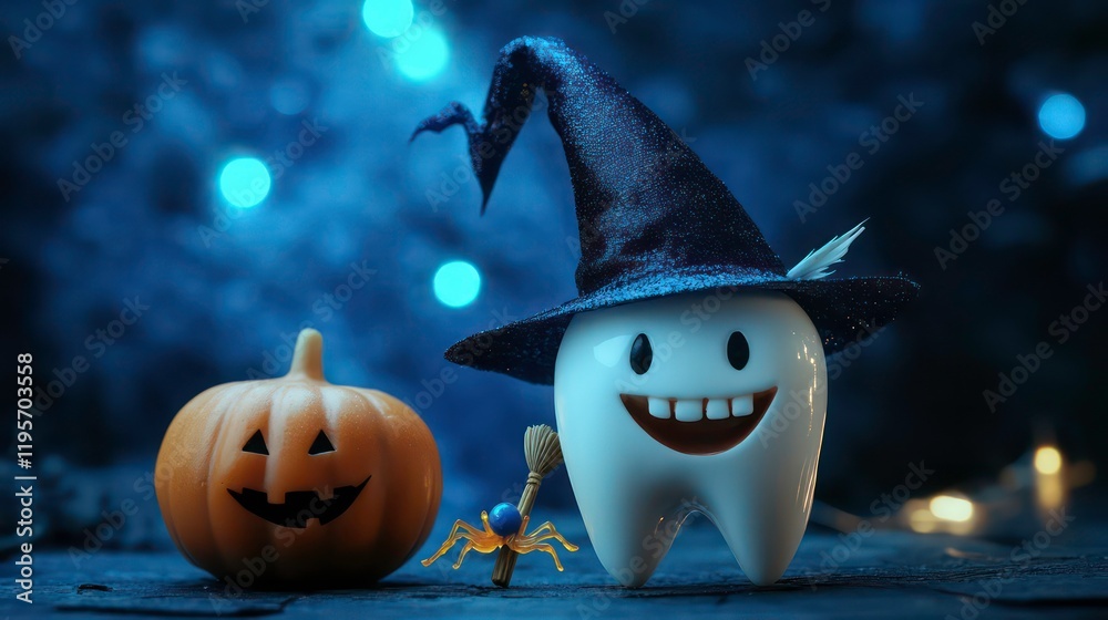 blue banner background, a tooth figurine wearing witch hat hold a broom ...
