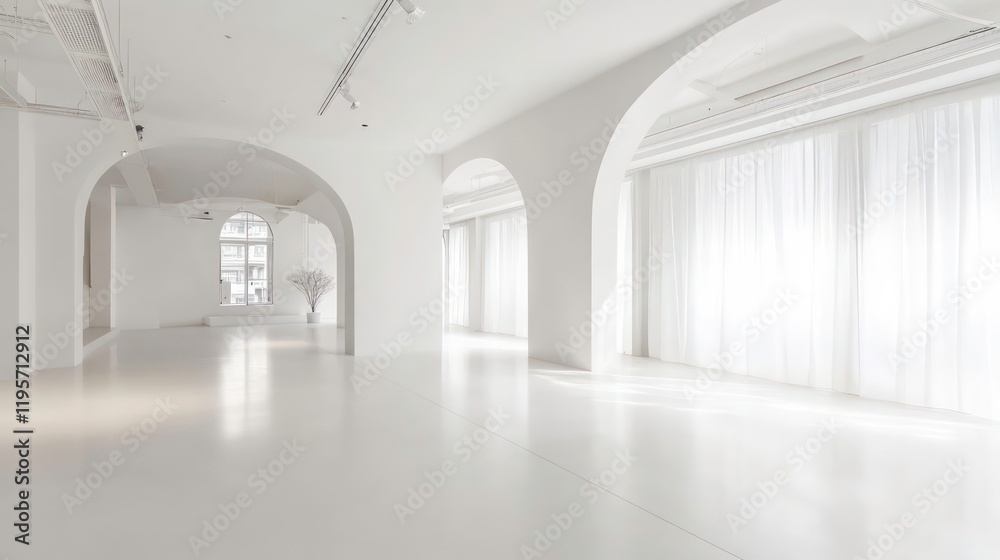 clean, white studio room with white walls and a corner-tiled floor ...