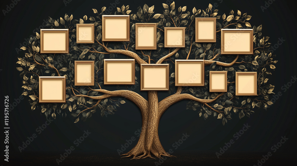 dark background, tree with glowing leaves and frames for photos or icons, family tree, genealogy ...