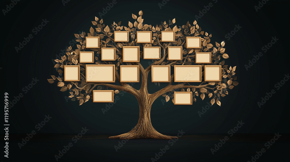 dark background, tree with glowing leaves and frames for photos or icons, family tree, genealogy ...