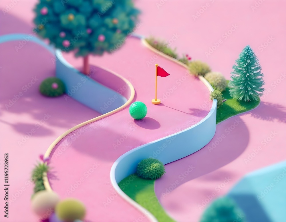 Miniature golf course, pastel colors, soft pink background, curvy path ...