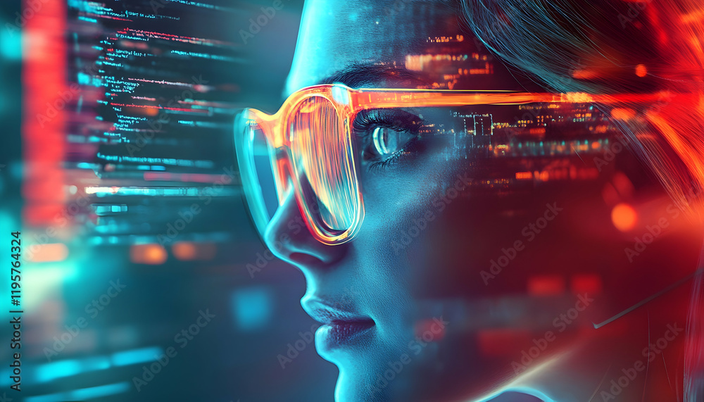 Software, coding hologram, and a woman in data analytics, information technology, and GDPR ...