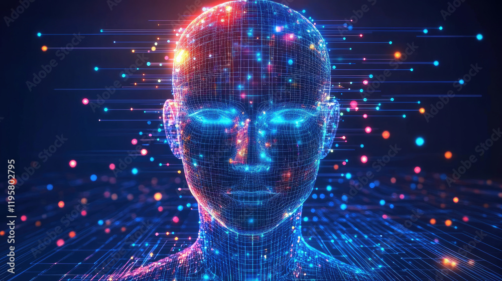 AI robot face and Network forming. Futuristic AI innovation visualized through flowing neural ...