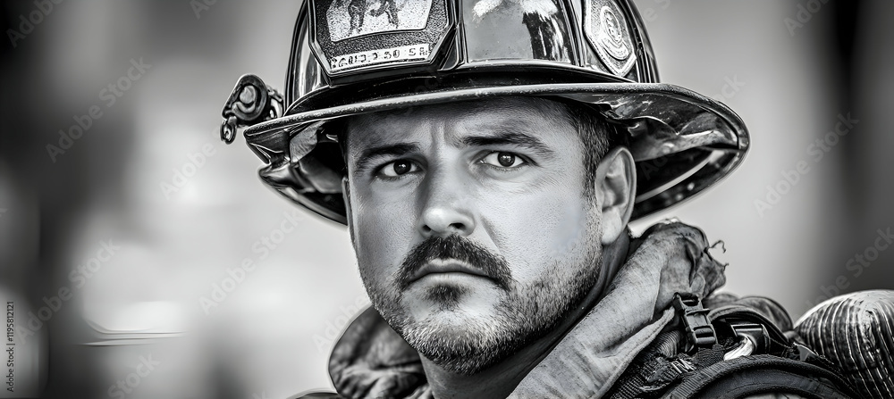 Firefighter with helmet and gear, light-toned background, ample ...