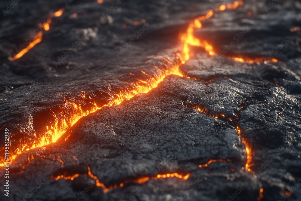 Molten lava flows through cracks in volcanic rock. Background dark ...