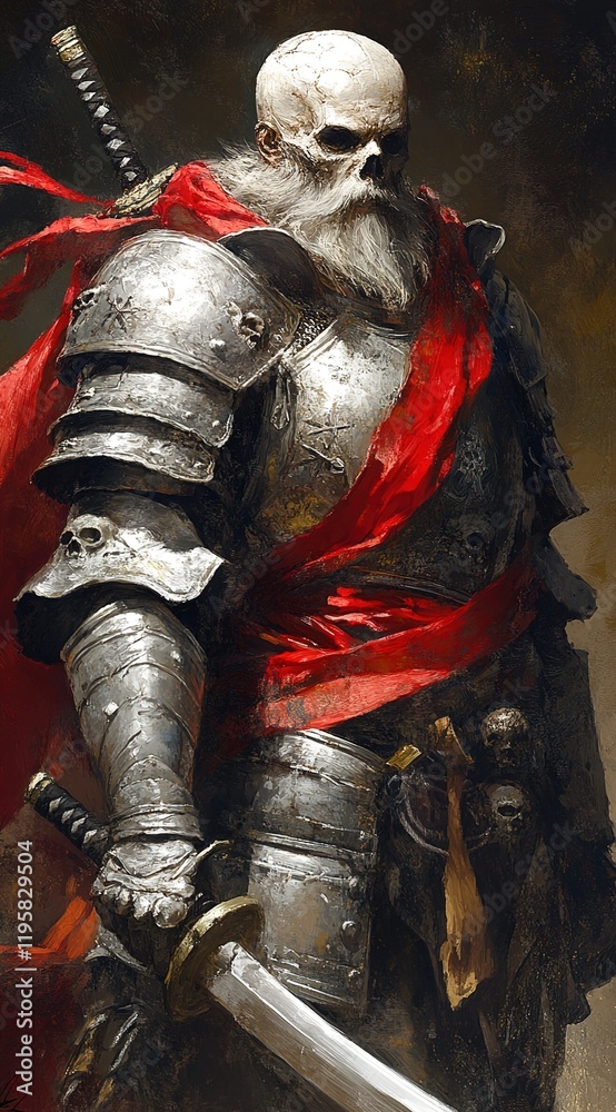 Concept art of an old samurai wearing full plate armor with a red sash ...