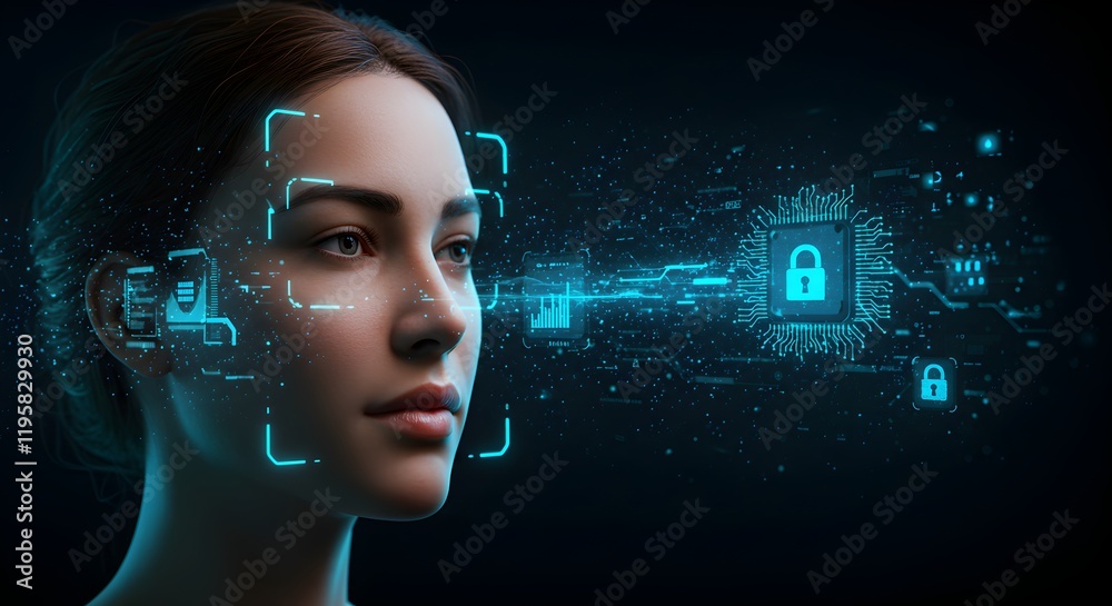 Serious Business Woman And Smart Technology For Face Recognition