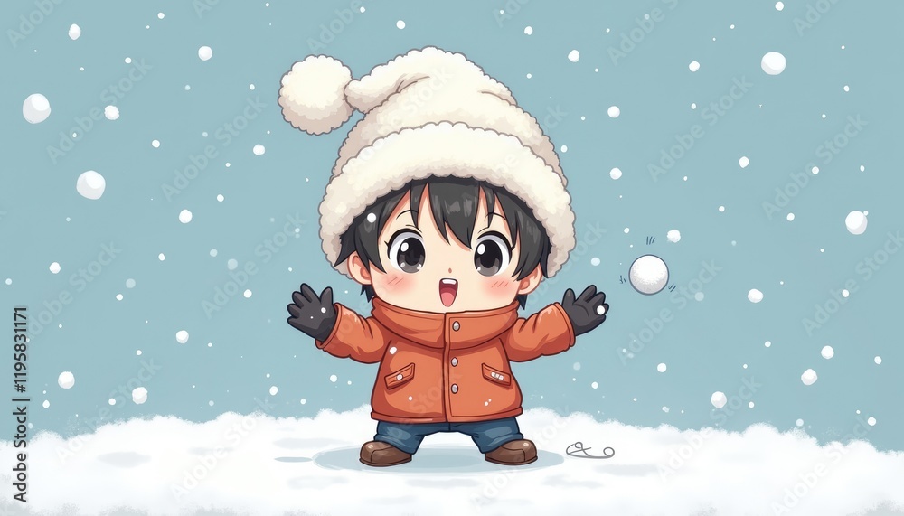 4K HD Wallpaper of Anime chibi boy with a snowman hat, holding a ...
