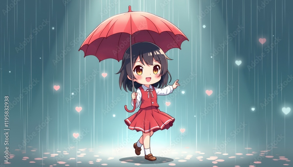 4K HD Wallpaper of Anime chibi girl with a heart-shaped umbrella ...